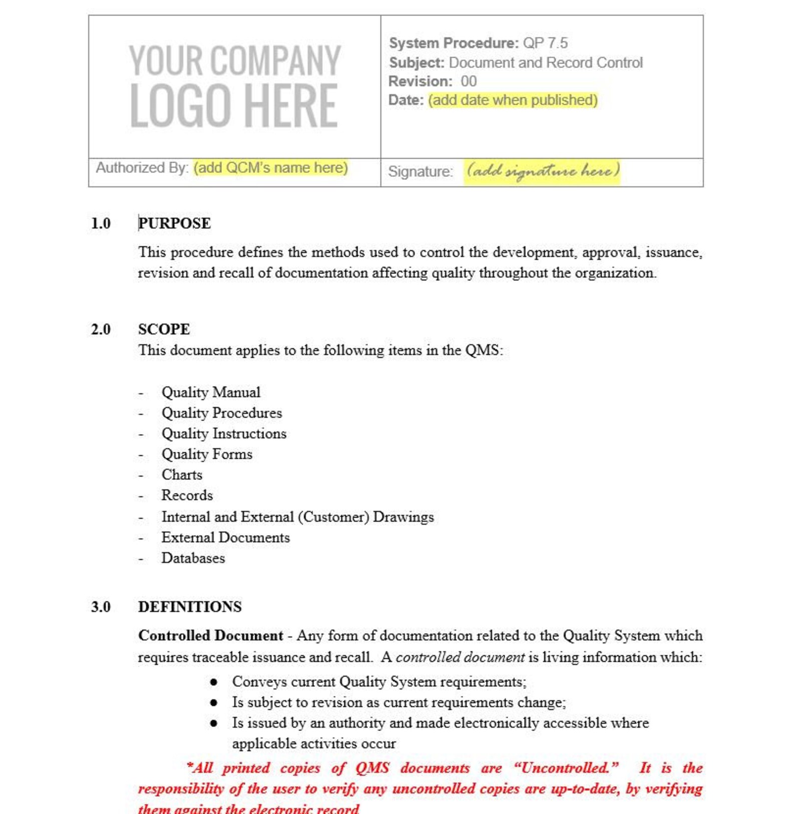 ISO 9001 2015 Document & Record Control Template With Log and Procedure ...