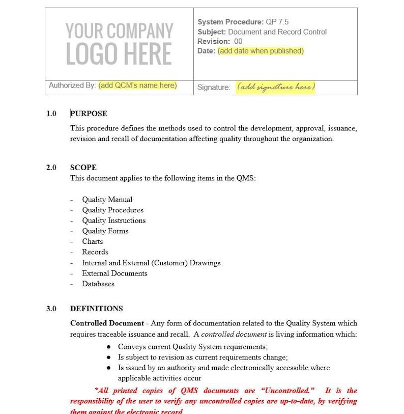 ISO 9001 2015 Document & Record Control Template With Log and Procedure ...