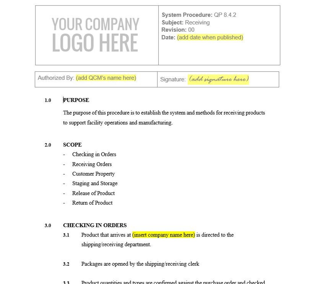 ISO 9001 2015 Receiving Template Procedure - Section 8.4.2 - Etsy