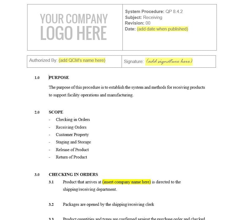 ISO 9001 2015 Receiving Template Procedure - Section 8.4.2 - Etsy