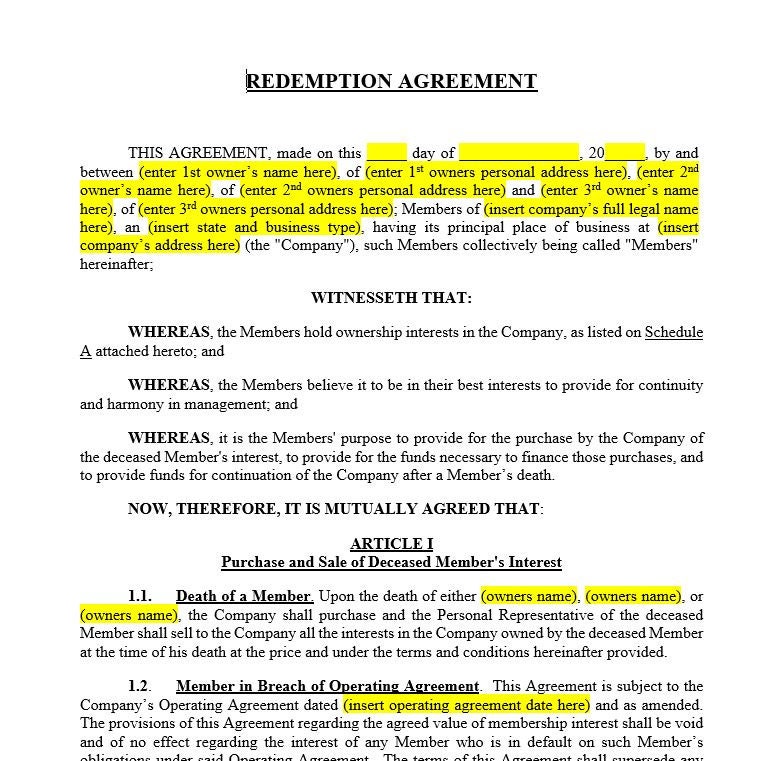 Business Buy Sell Redemption Agreement Template - Etsy