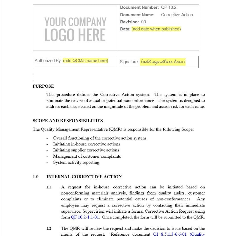 ISO 9001 2015 CORRECTIVE ACTION Template With Log and Procedure ...