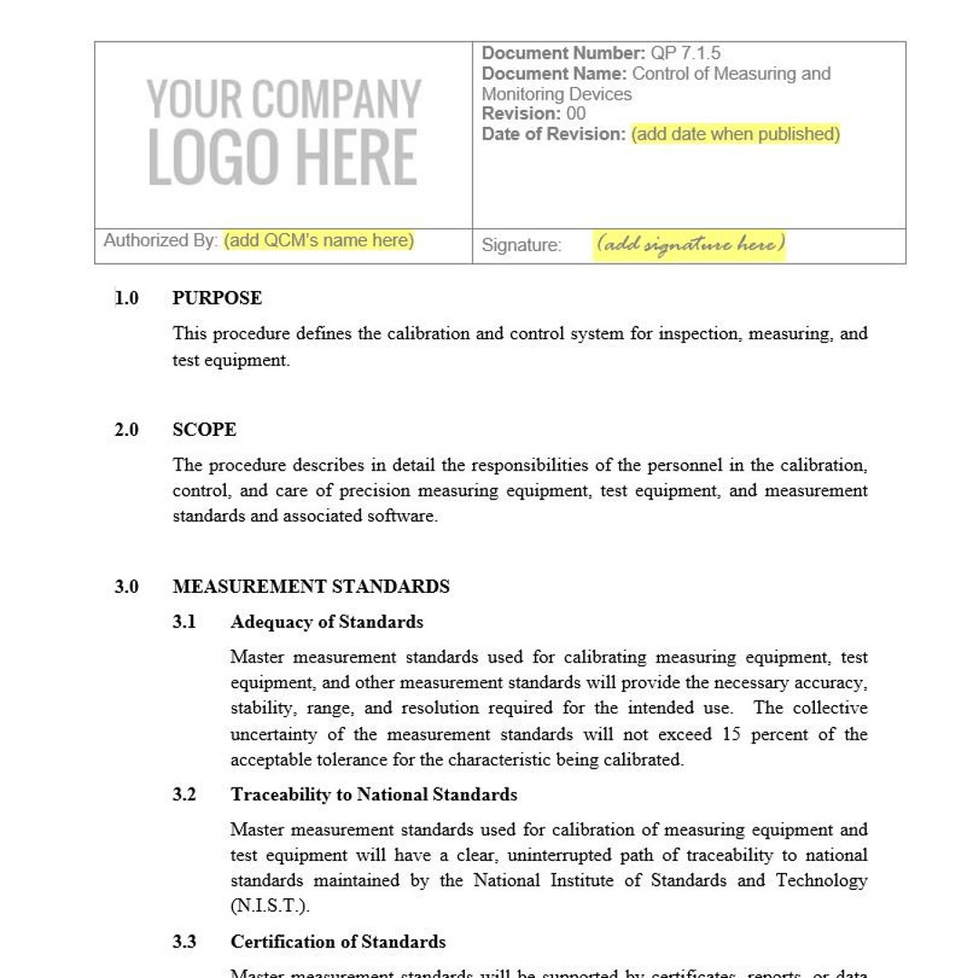 ISO 9001 2015 Control of Measuring & Monitoring Equipment Template With ...