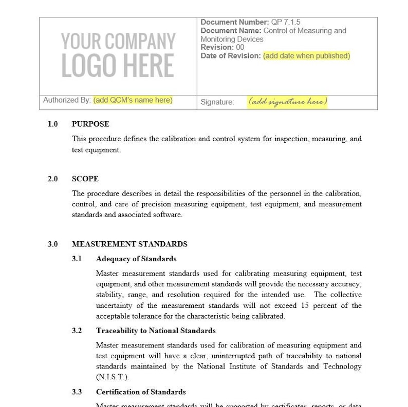 ISO 9001 2015 Control of Measuring & Monitoring Equipment Template With ...