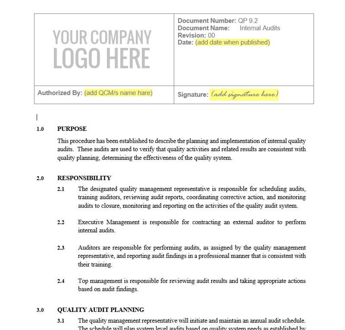 ISO 9001 2015 Internal Audit Template With Log and Procedures - Section ...