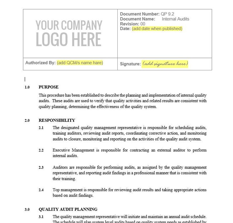 ISO 9001 2015 Internal Audit Template With Log and Procedures - Section ...