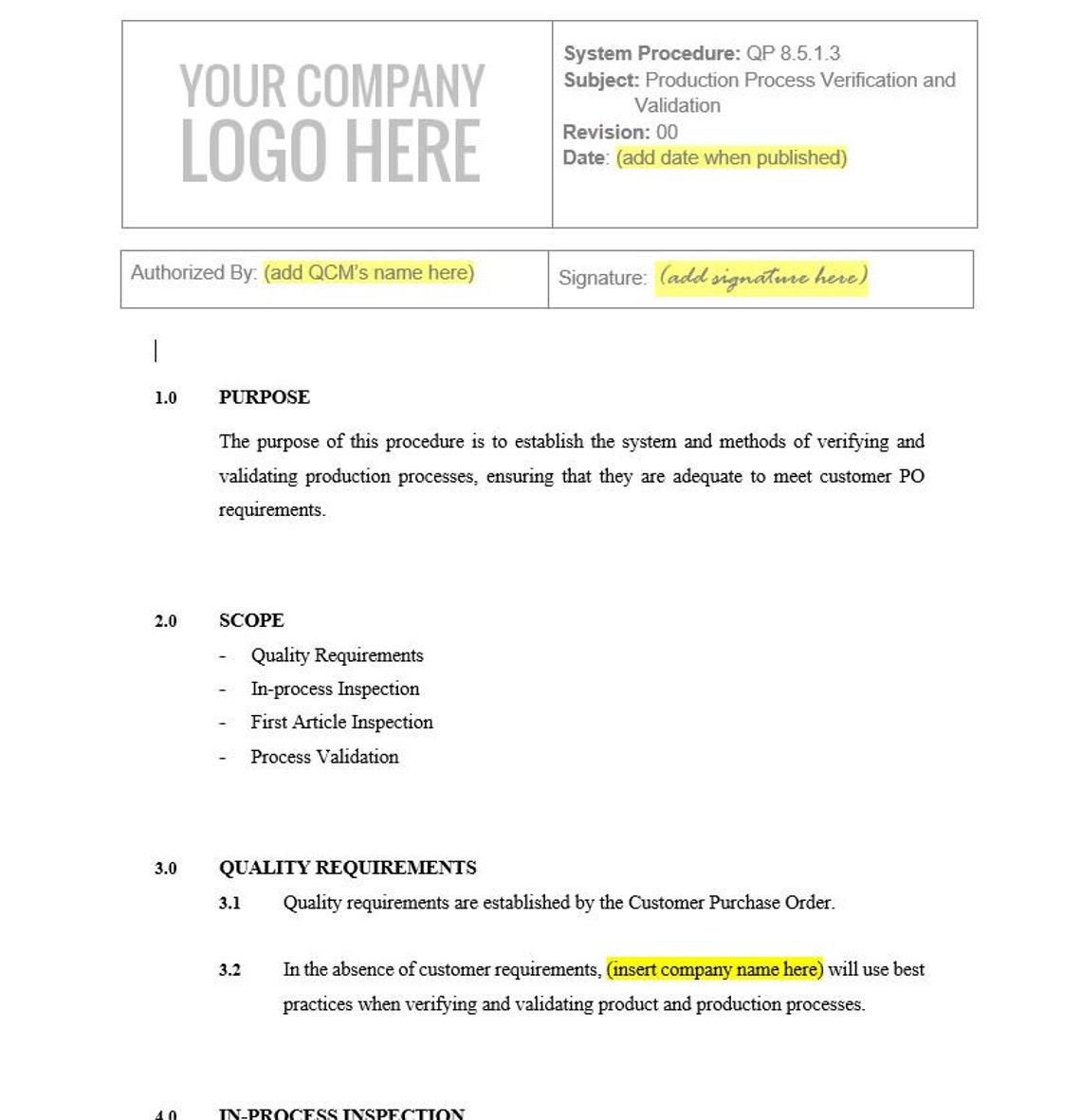 ISO 9001 2015 Production Process Verification & Validation Template ...