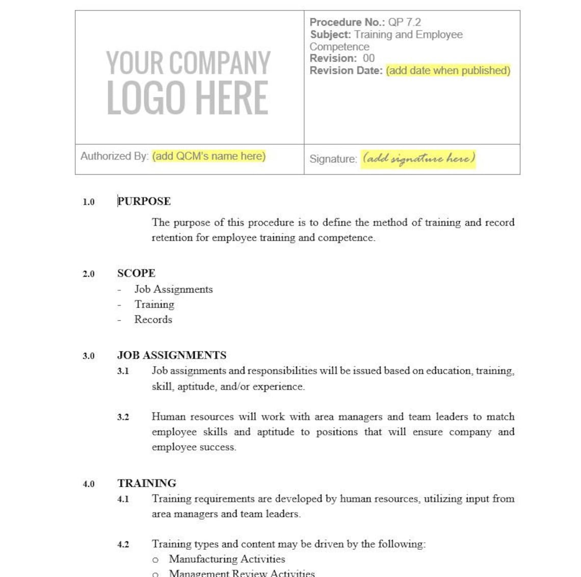 ISO 9001 2015 Training & Employee Competence Template With Log and ...