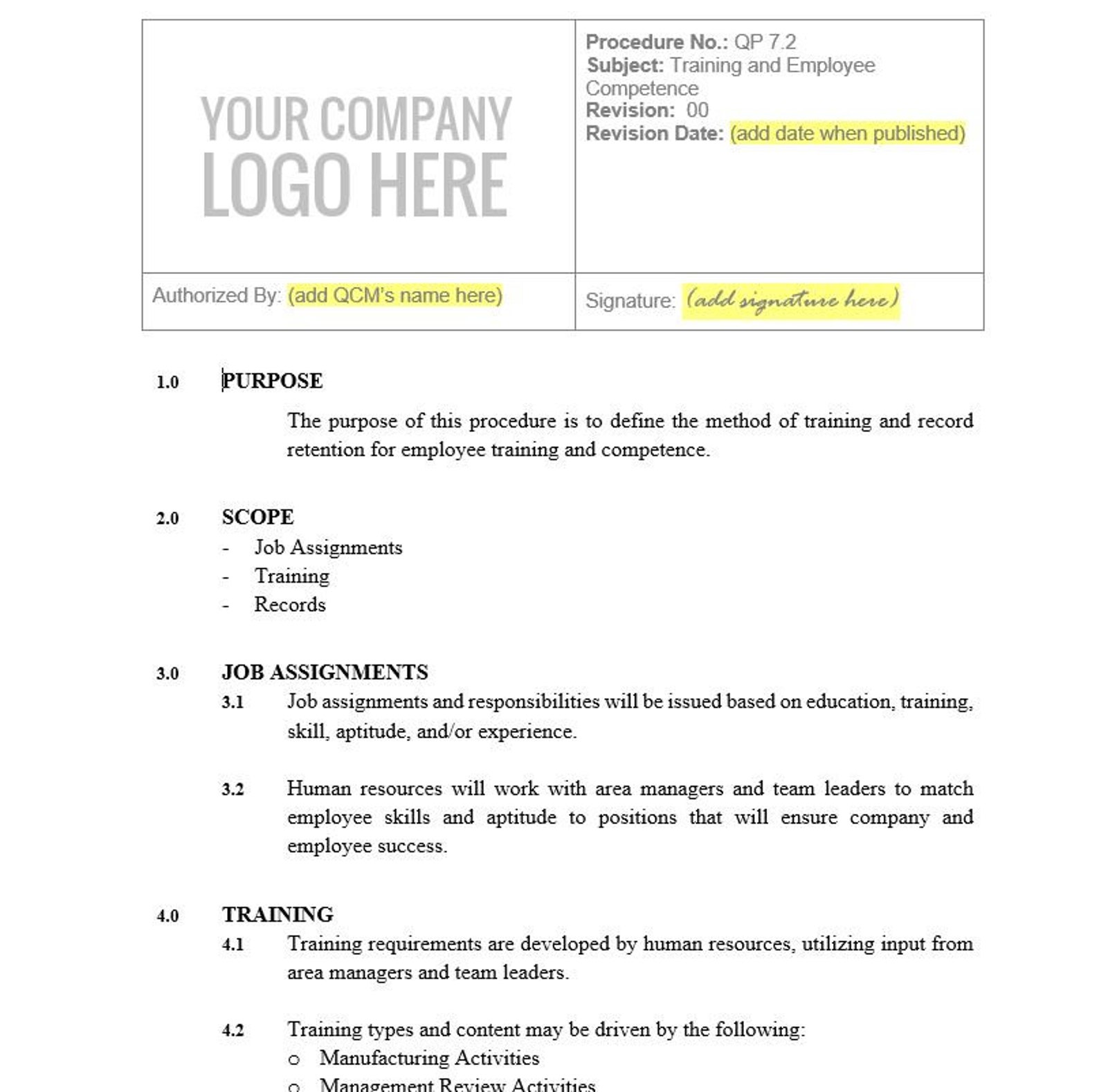 ISO 9001 2015 Training & Employee Competence Template With Log and ...