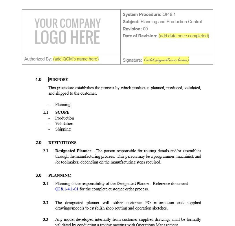ISO 9001 2015 Planning & Production Control Template With Procedures ...