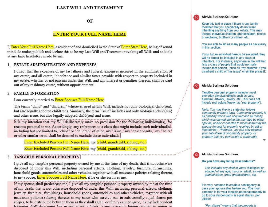 Last Will and Testament for Married Person - Template With Detailed ...