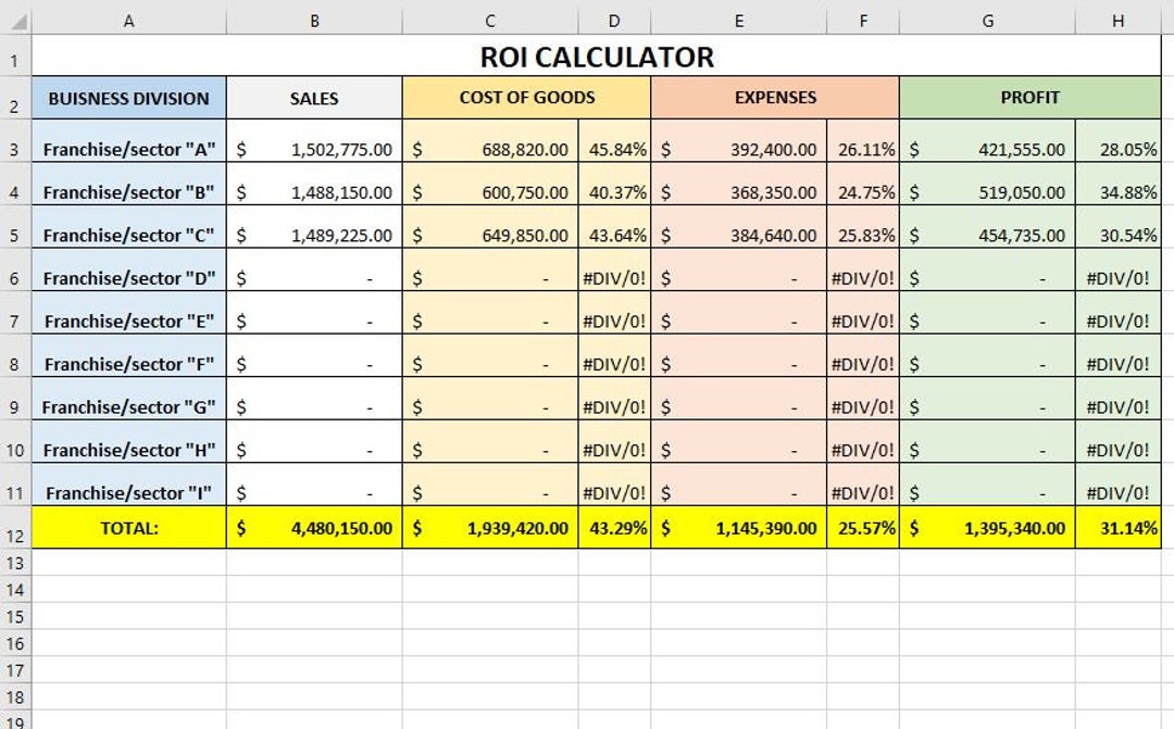 Simple Business ROI Calculator. Return on Investment Calculator ...