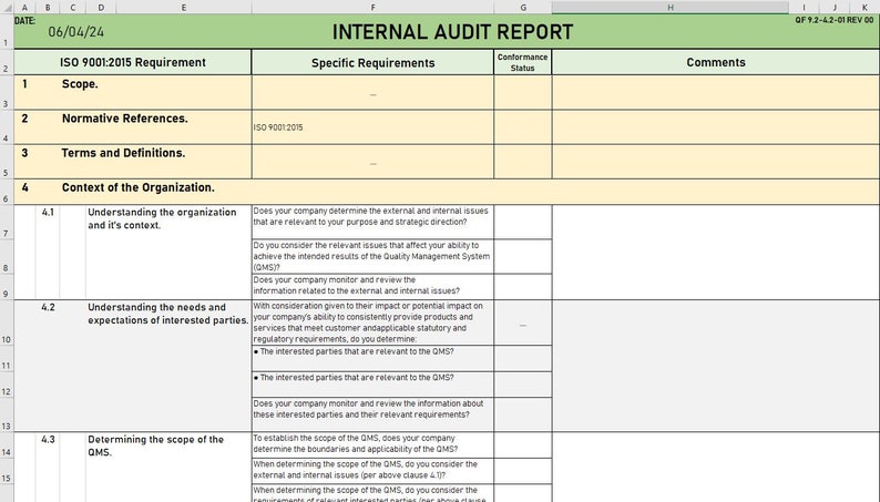 ISO 9001 2015 Internal Audit Template With Log and Procedures - Section ...