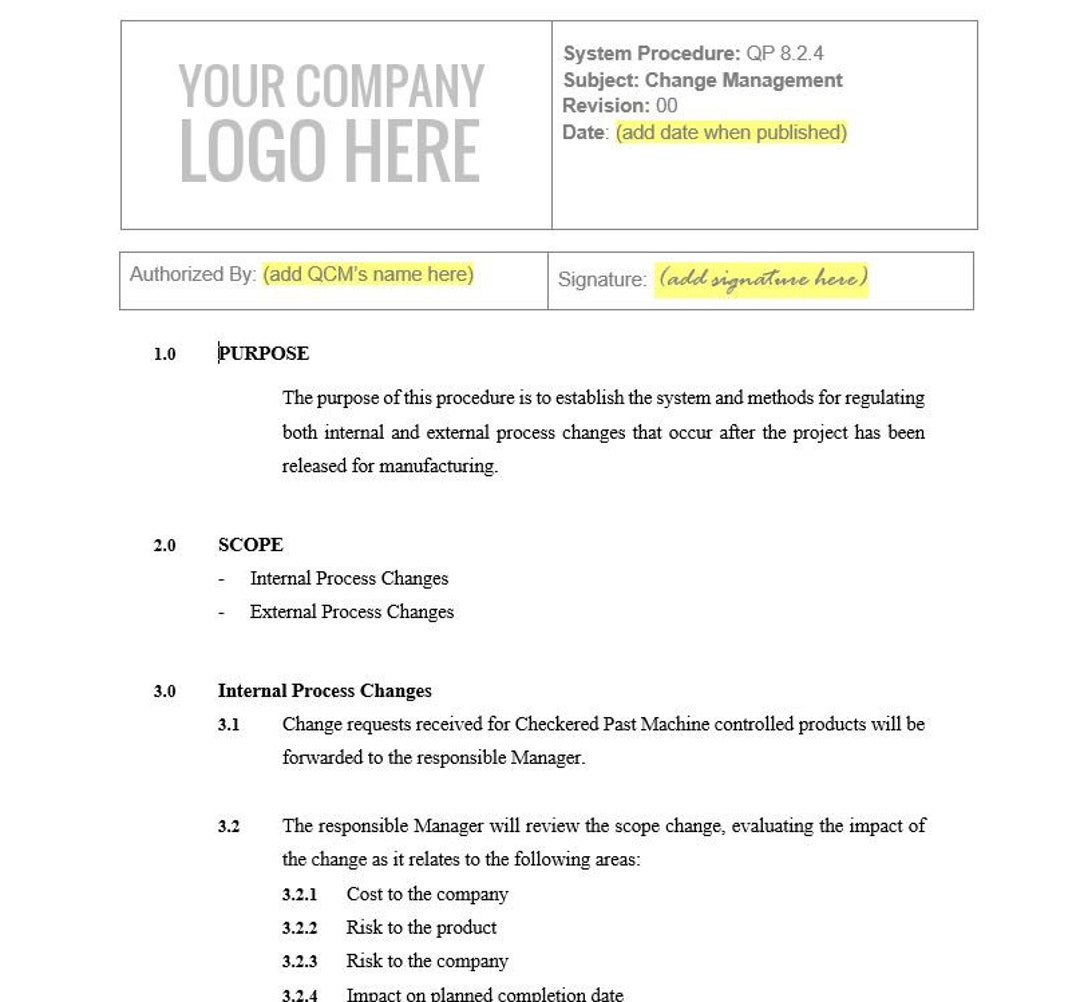ISO 9001 2015 Change Management Template Procedure - Section 8.2.4 - Etsy