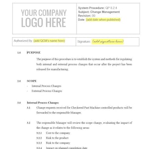 ISO 9001 2015 Change Management Template Procedure - Section 8.2.4 - Etsy