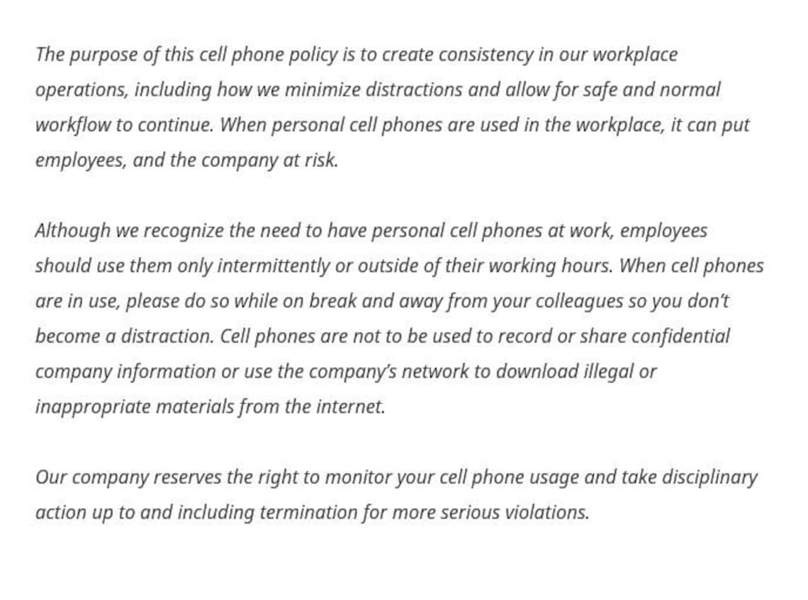Employee Cell Phone Policy Template - Etsy