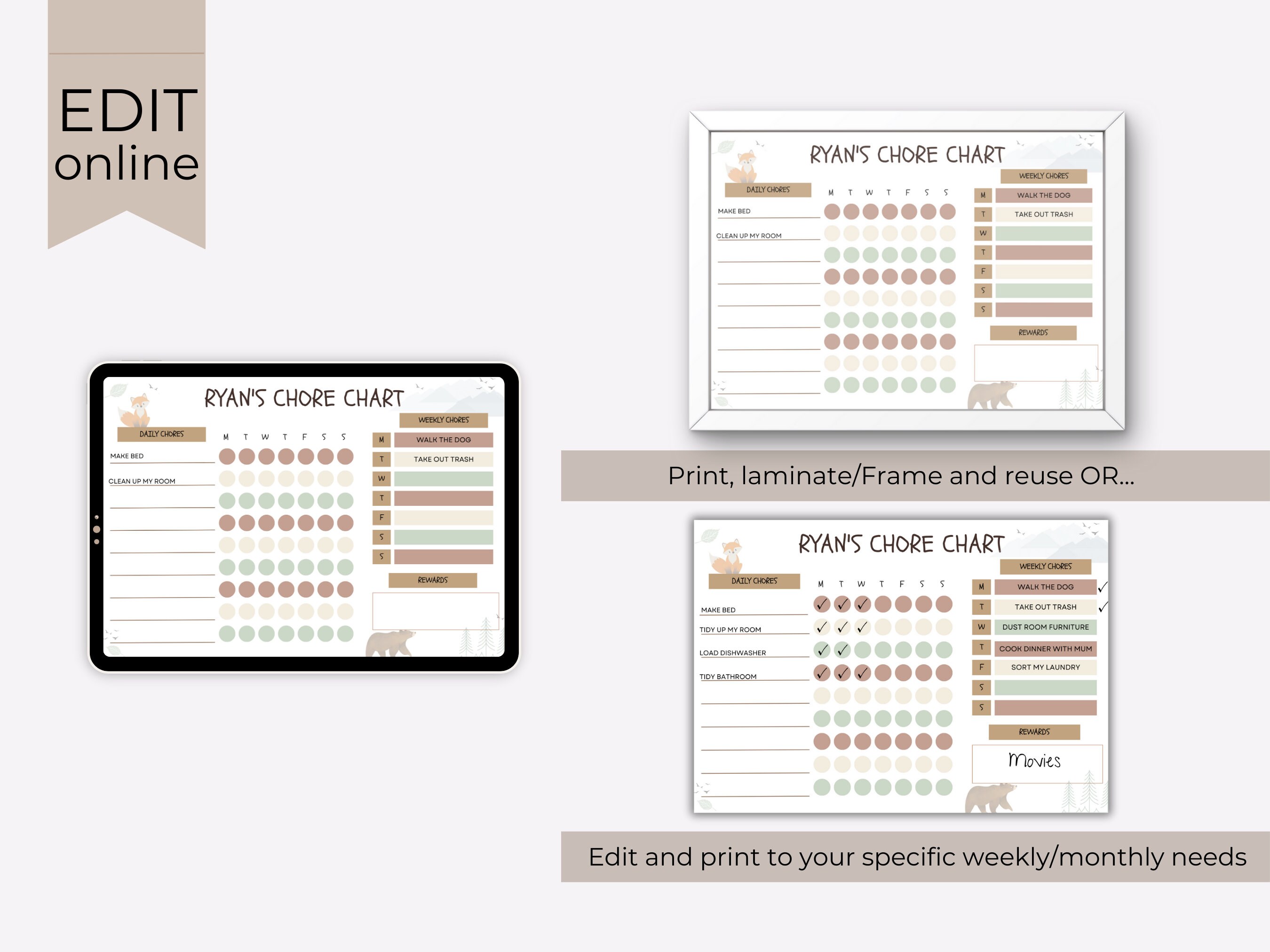 Editable Chore Chart for Kids Woodland Theme, Kids Chore Chart, Kids ...
