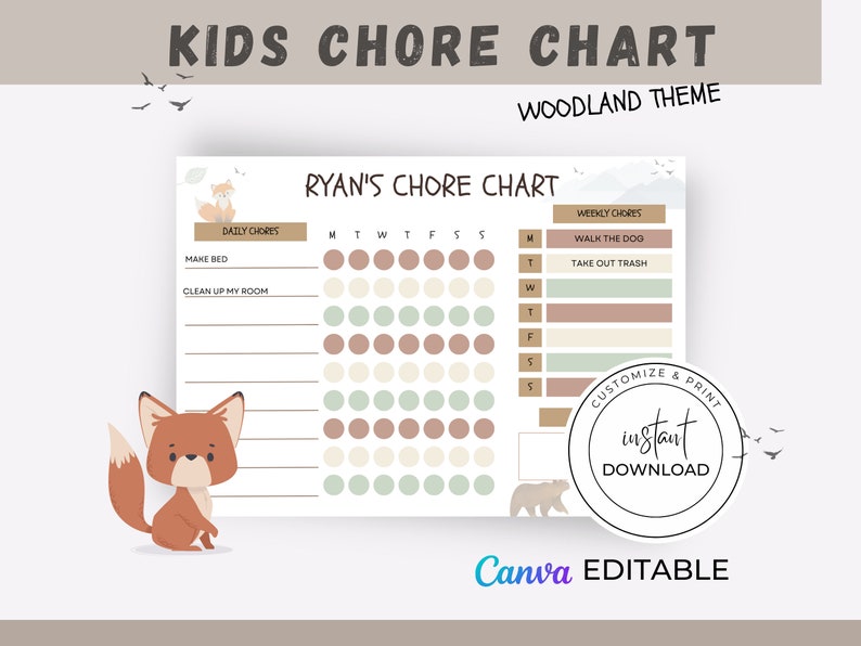 Editable Chore Chart for Kids Woodland Theme, Kids Chore Chart, Kids ...