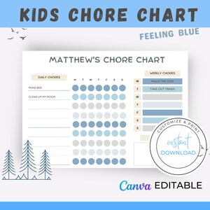 Editable Chore Chart for Kids Blue Theme, Kids Chore Chart, Kids Chore ...