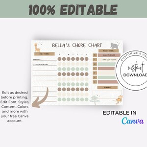 Editable Chore Chart for Kids Safari Theme, Kids Chore Chart, Kids ...