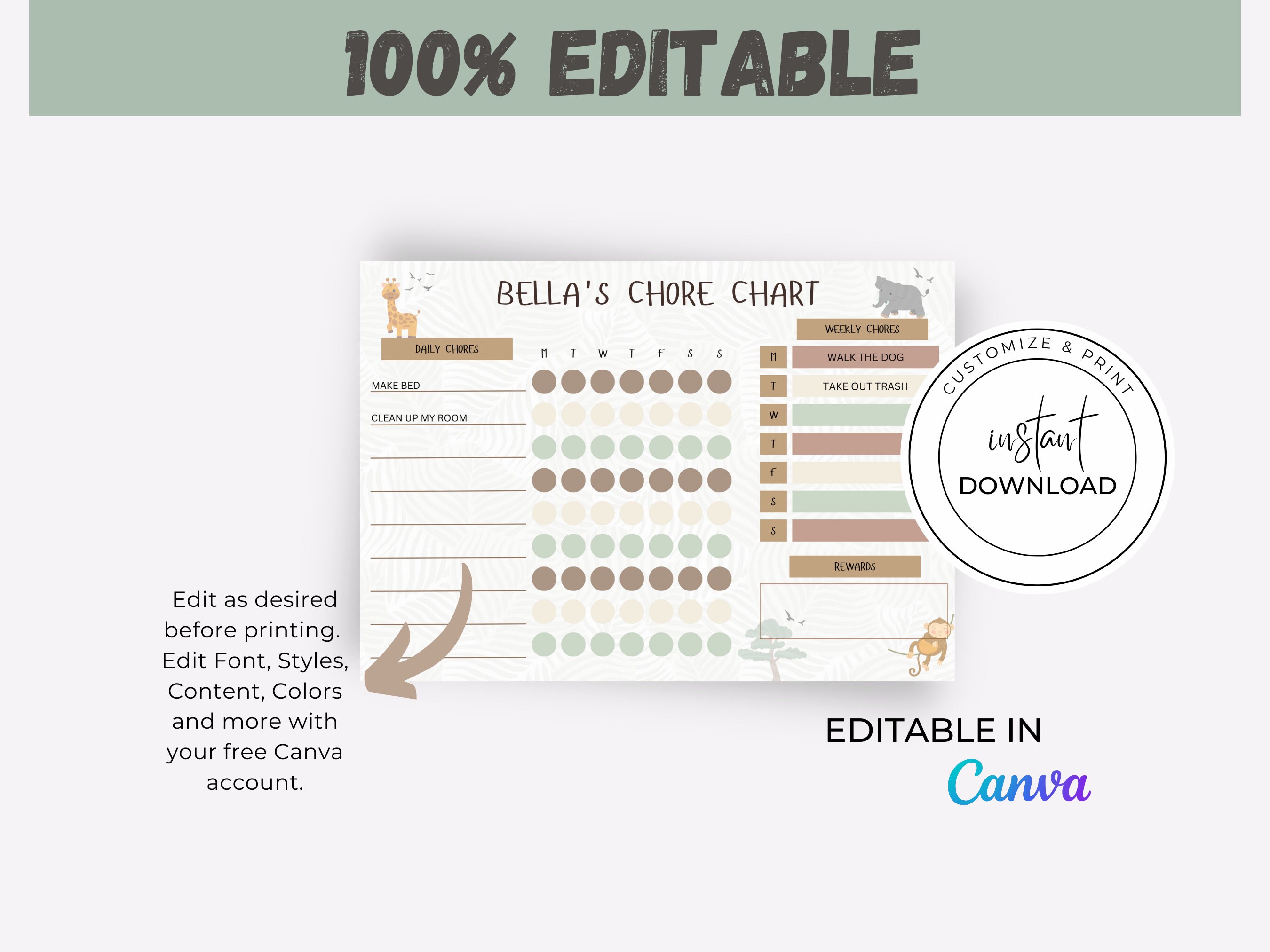 Editable Chore Chart for Kids Safari Theme, Kids Chore Chart, Kids ...