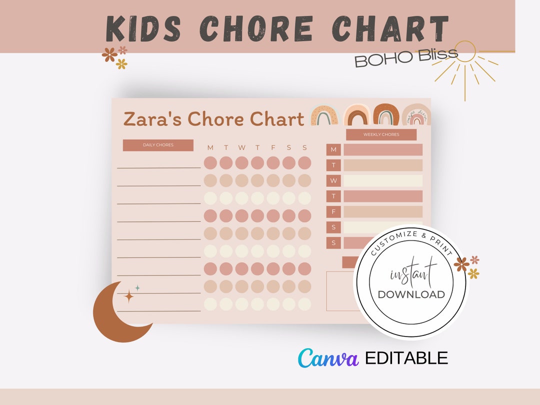 Editable Chore Chart for Kids Boho Theme, Kids Chore Chart, Kids Chore ...