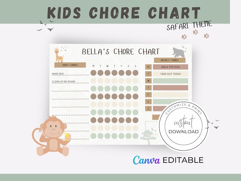 Editable Chore Chart for Kids Safari Theme, Kids Chore Chart, Kids ...