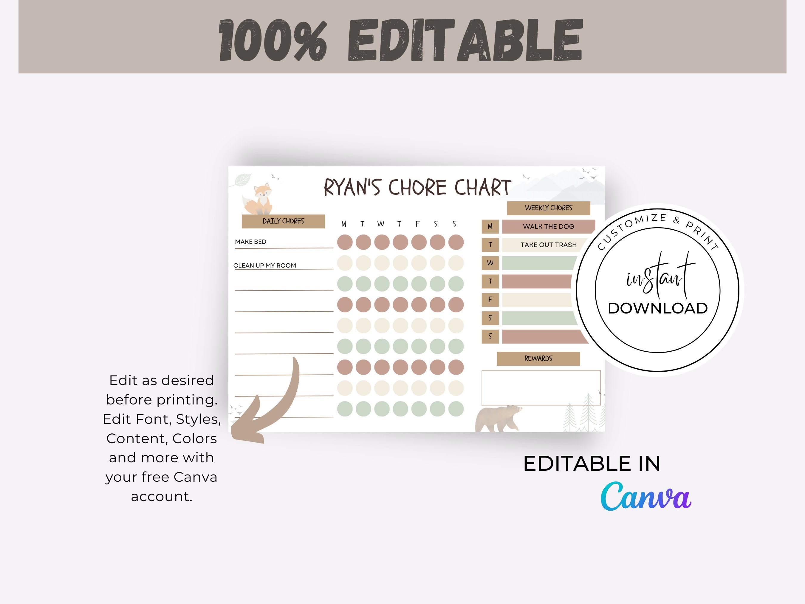 Editable Chore Chart for Kids Woodland Theme, Kids Chore Chart, Kids ...