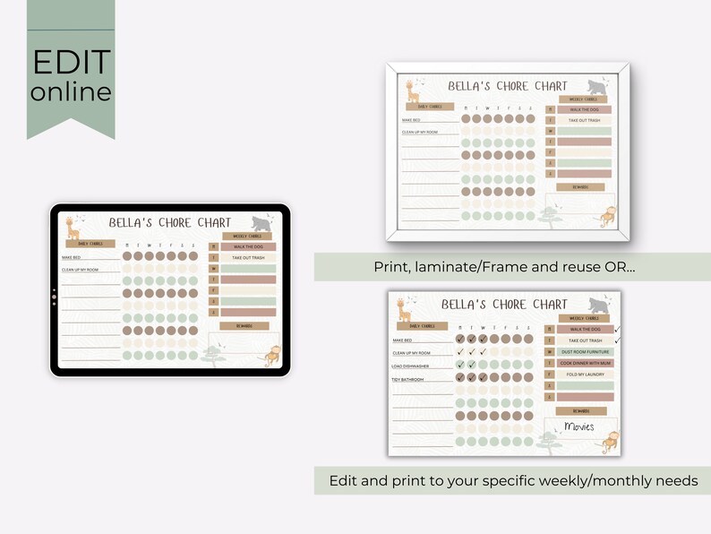 Editable Chore Chart for Kids Safari Theme, Kids Chore Chart, Kids ...