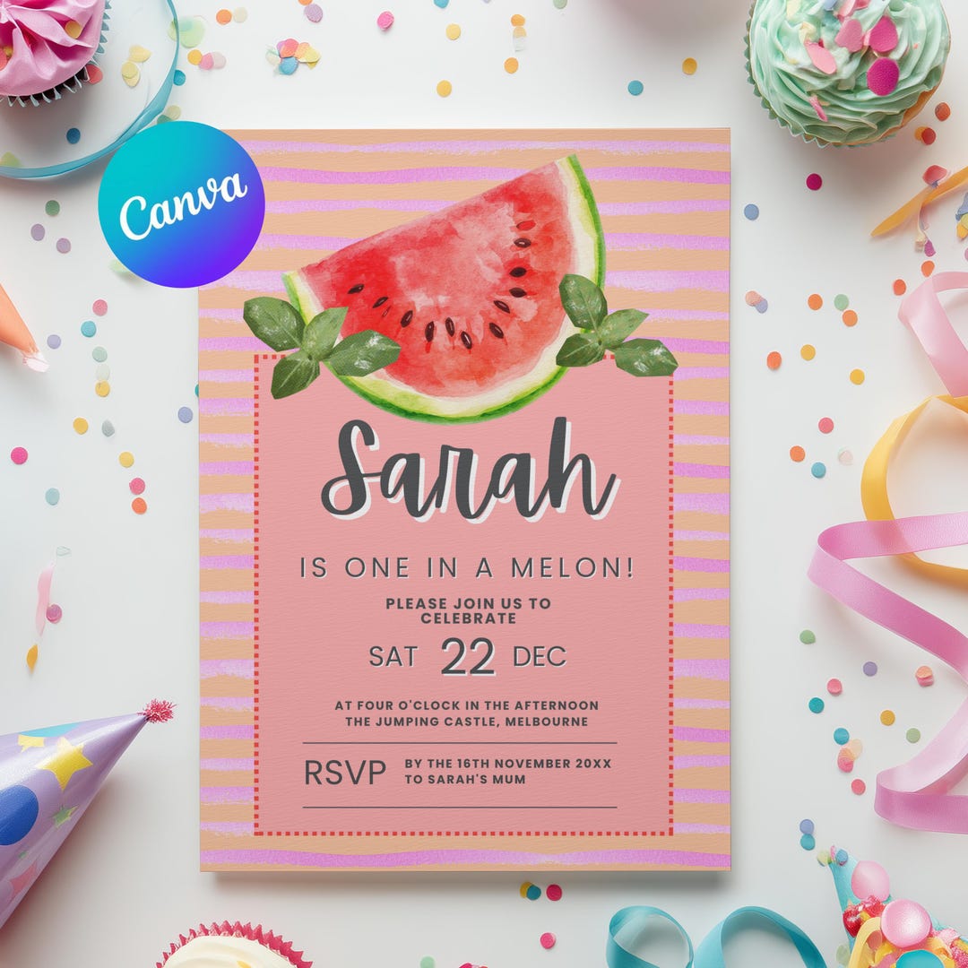 Editable Watermelon Birthday Invitation Template for Kids, One in a ...