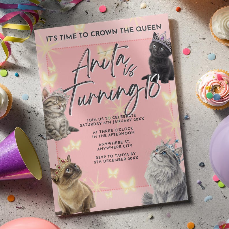 Editable 18th Birthday Invitation - Canva Template, Royal Cats ...