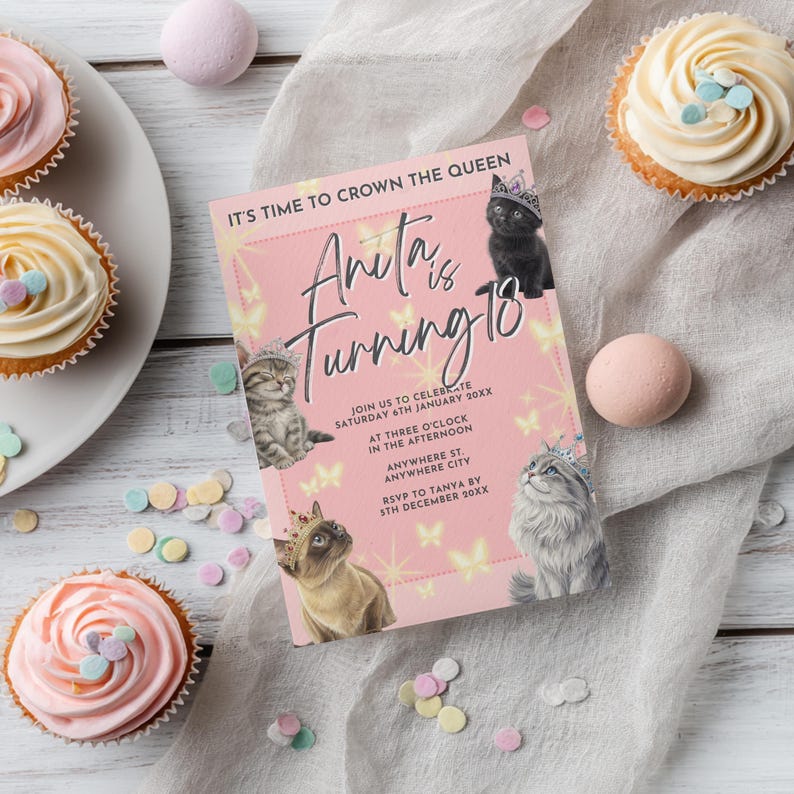 Editable 18th Birthday Invitation - Canva Template, Royal Cats ...