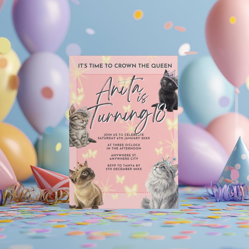 Editable 18th Birthday Invitation - Canva Template, Royal Cats ...