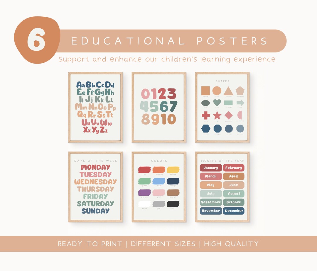 Set of 6 Educational Posters for Kids, Educational Wall Art, Montesorri ...