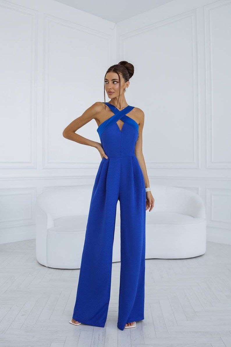 Elegant Royal Blue Jumpsuit With Wide Legs and Crossed Breeches - Etsy