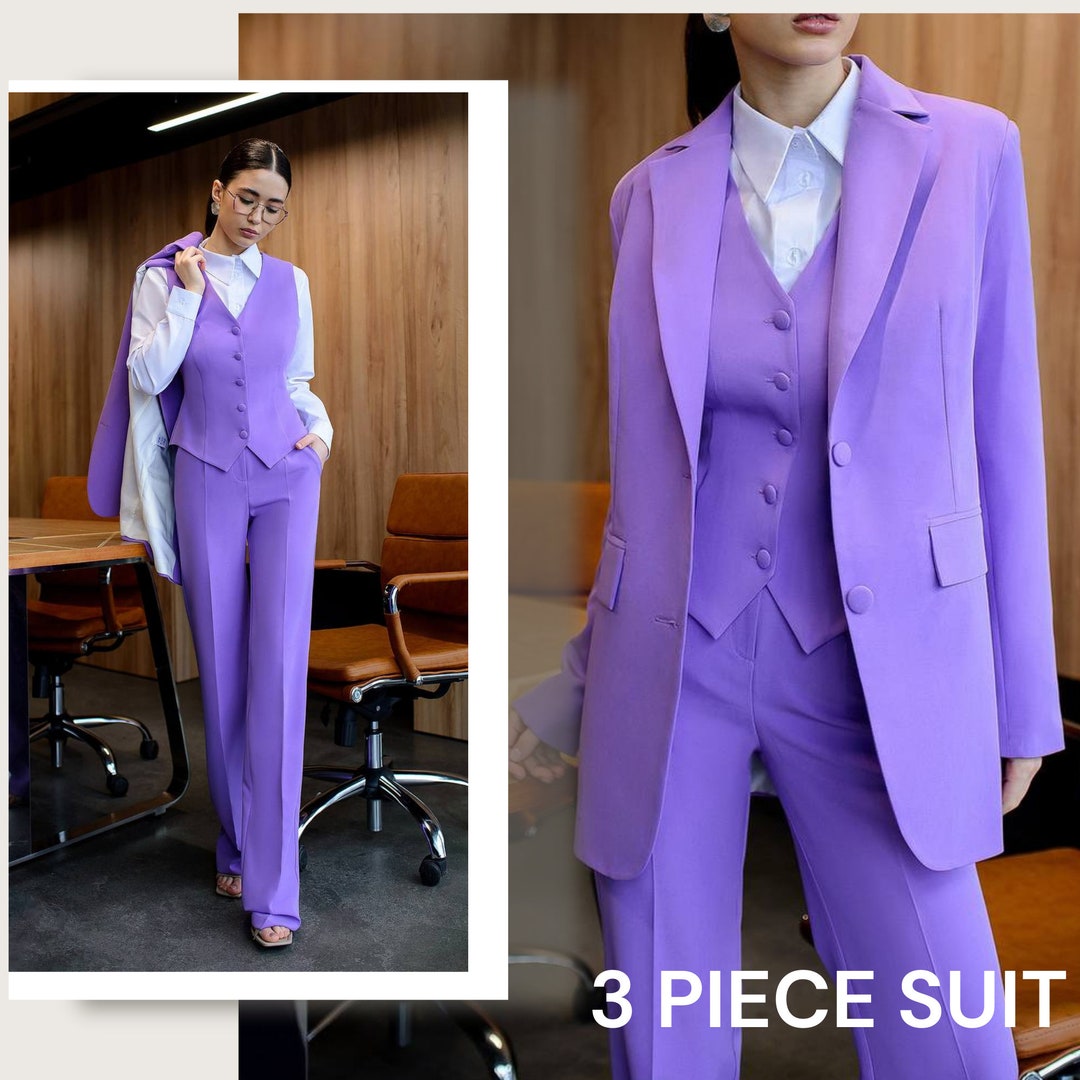 Purple 3 Piece Suit Woman Set, Dressy Pant Suits, Wedding Guest Suit - Etsy
