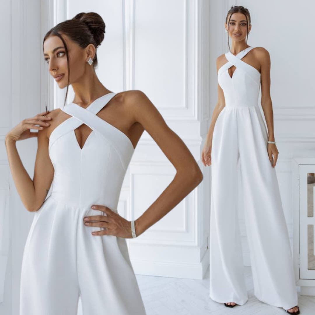White Bridal Jumpsuit, Chic Wedding Jumpsuit for Bride With Wide Legs ...