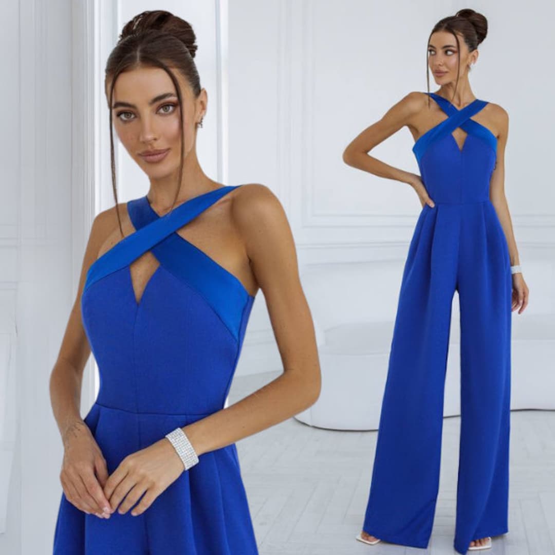 Elegant Royal Blue Jumpsuit With Wide Legs and Crossed Breeches - Etsy