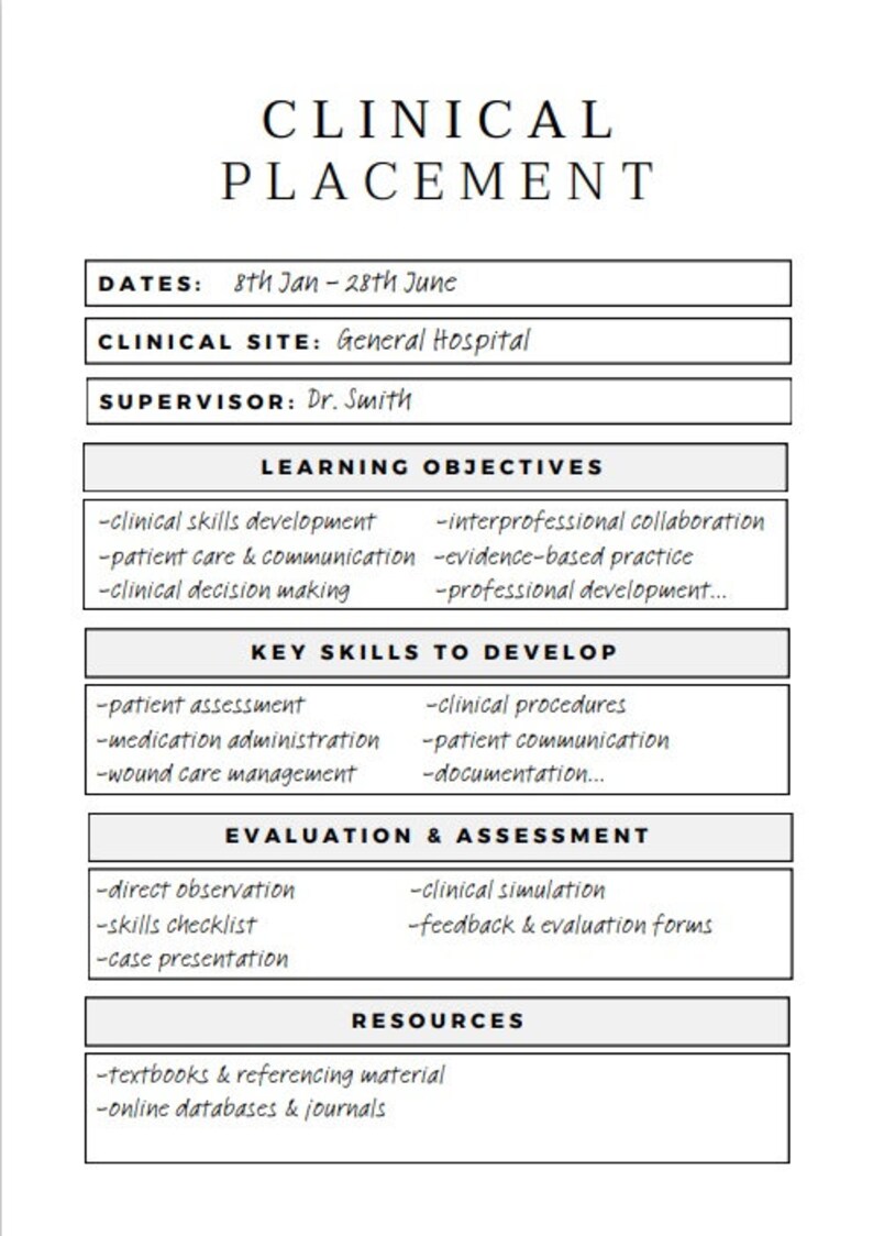 Printable Clinical Placement Planner Template for Students - Etsy