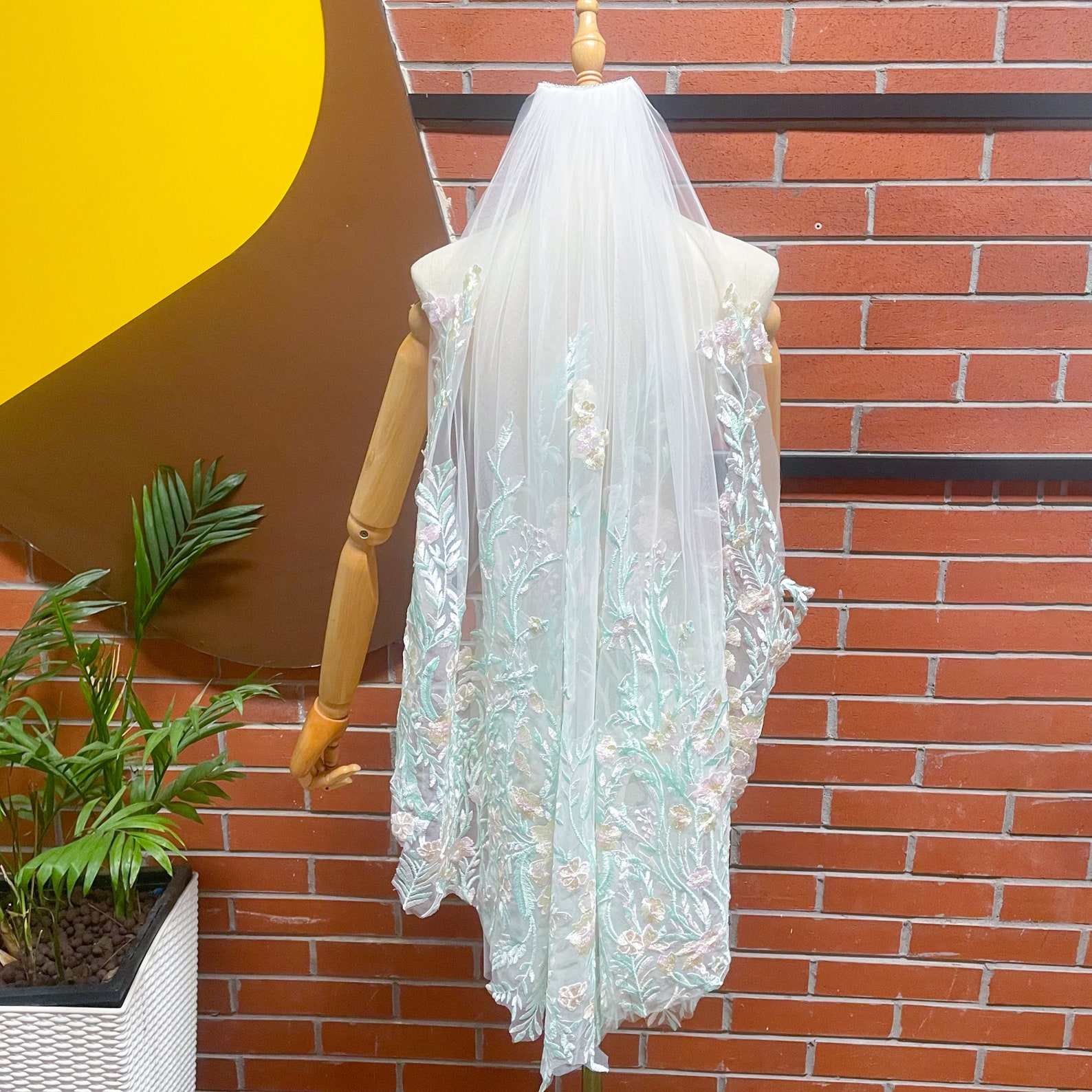 Mint Green and Pink Lace Wedding Veil Floral Lace Bridal Veil Fingertip Length Veil Single Tier ...