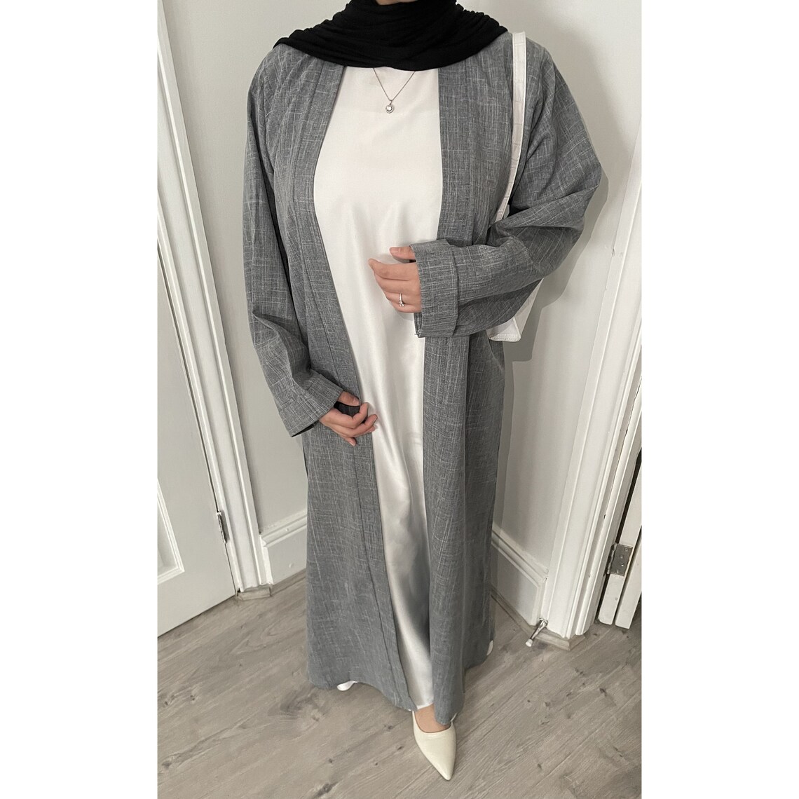 Silver Grey Open Abaya | Dubai Collection | Premium Linen | Comes With ...