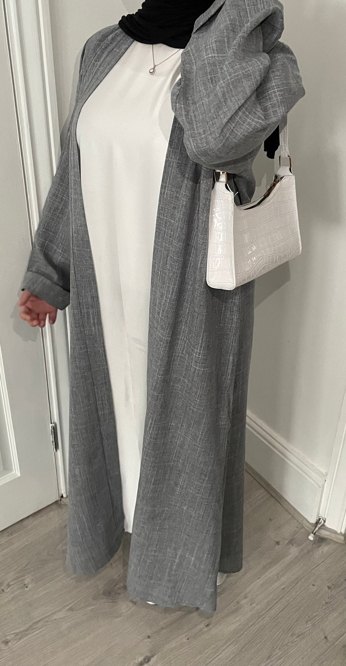 Silver Grey Open Abaya | Dubai Collection | Premium Linen | Comes With ...