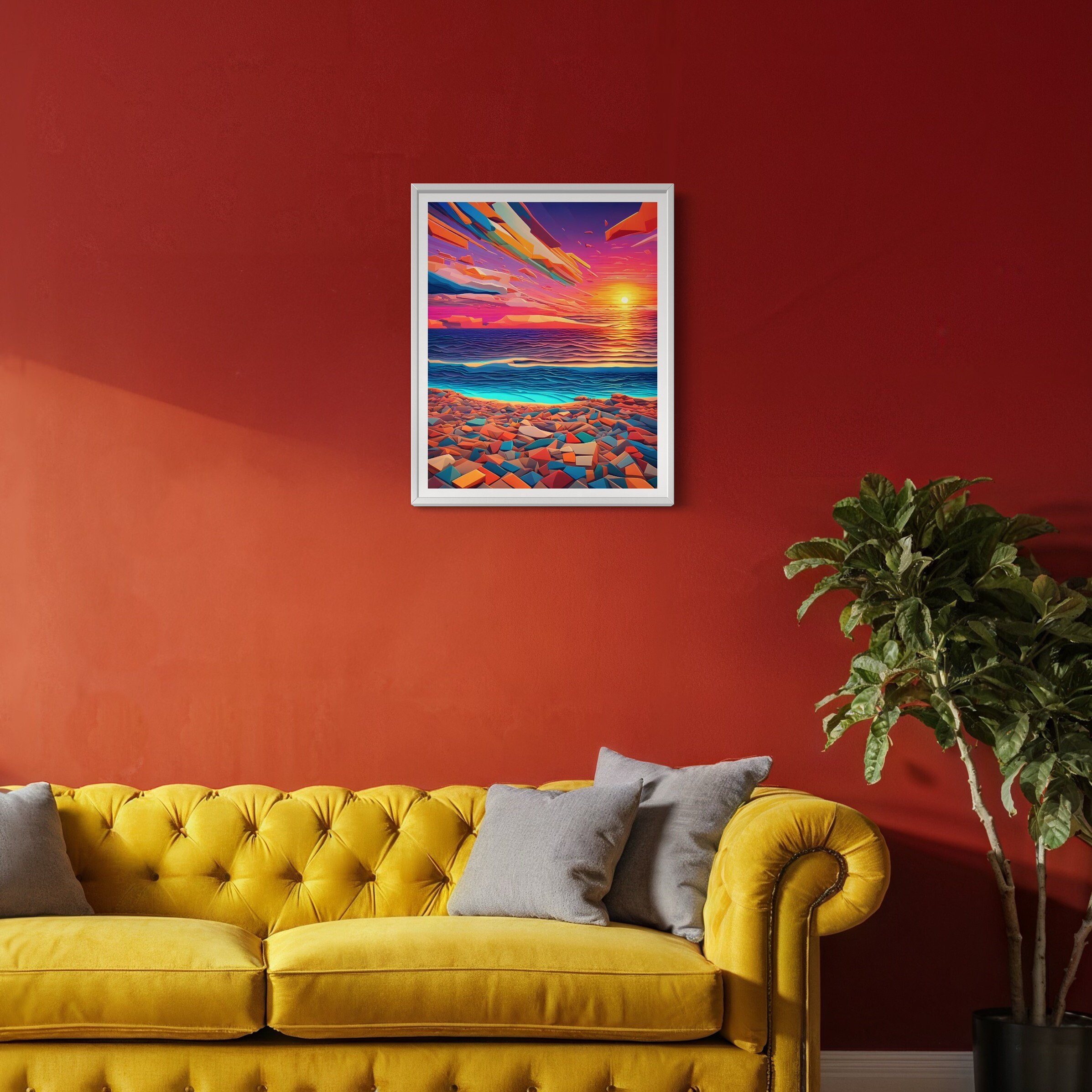 Beach Sunset Print Retro Video Game Style Colorful Digital Cubism ...