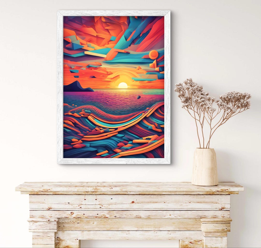 Sunset Cubism - Retro Beach Sunset Poster - Colorful Digital Cubism Art ...
