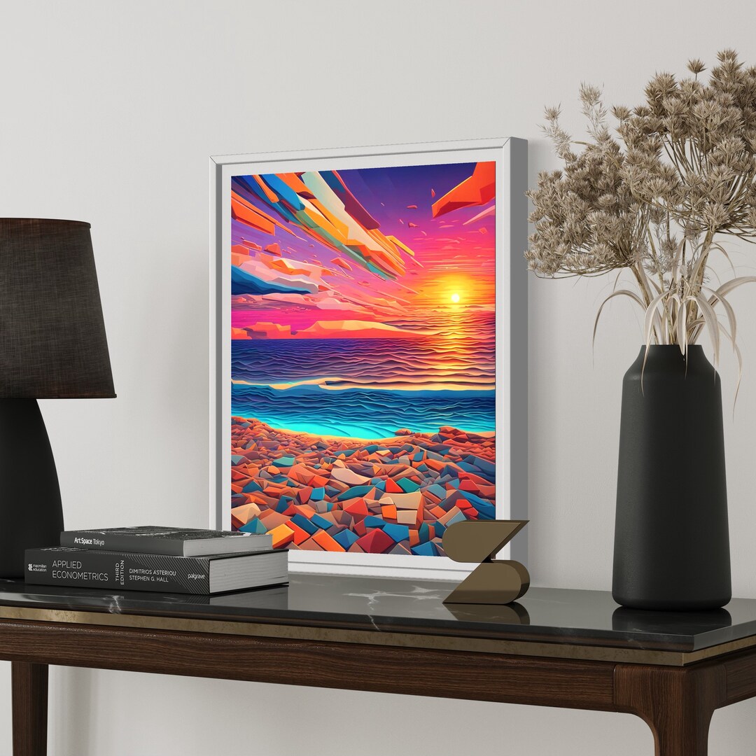 Beach Sunset Print Retro Video Game Style Colorful Digital Cubism ...