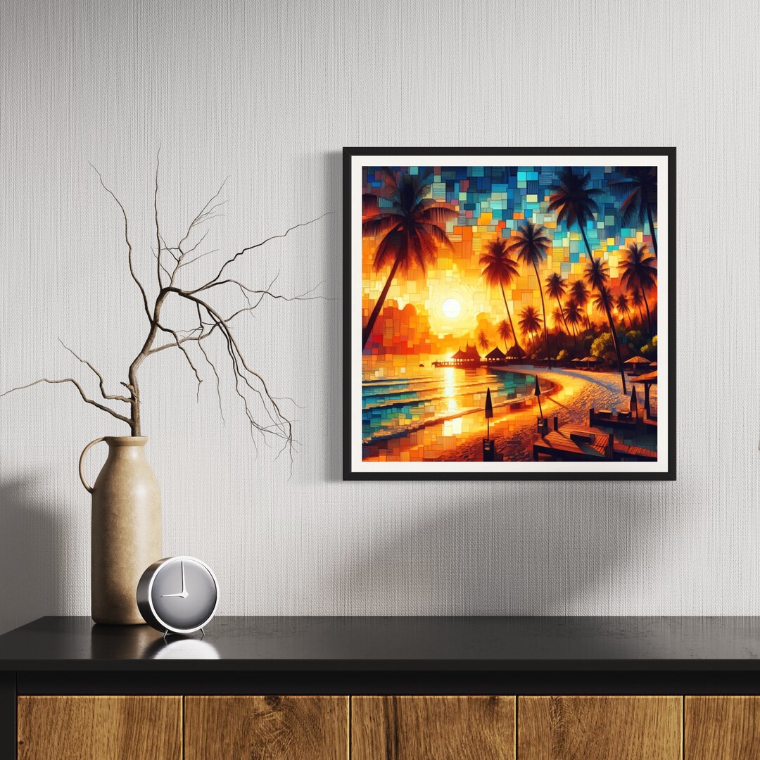 Digital Cubism Sunset Beach Decor Palm Tree Art Print - Etsy
