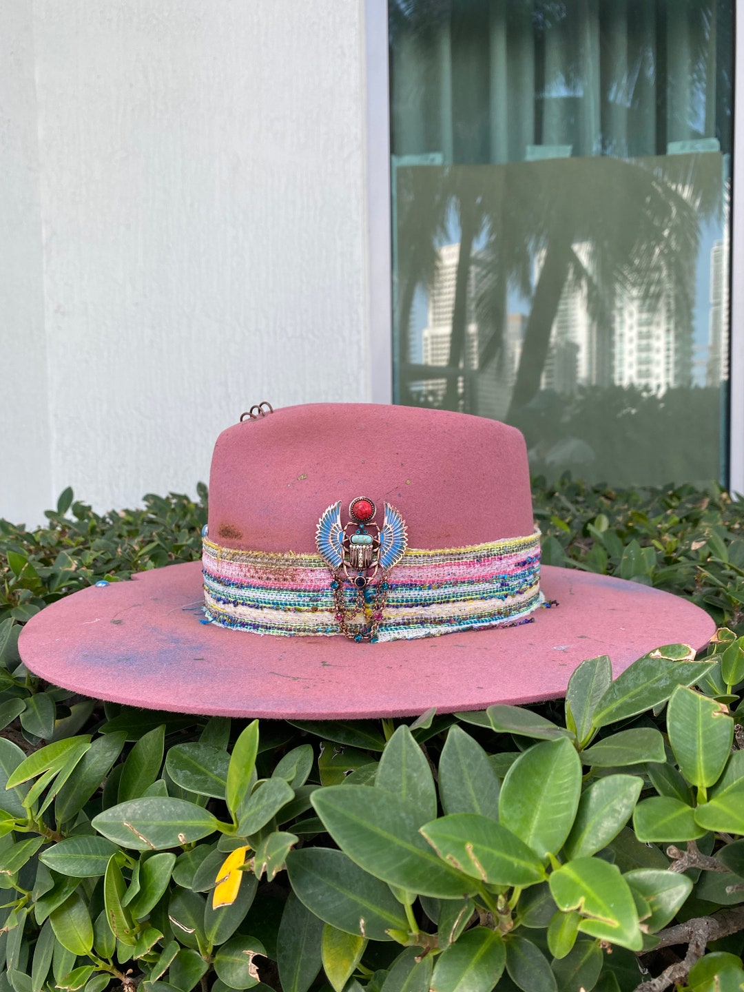 Pink Rose Colored and Spray Painted Hand Painted Wide Brim Fedora ...