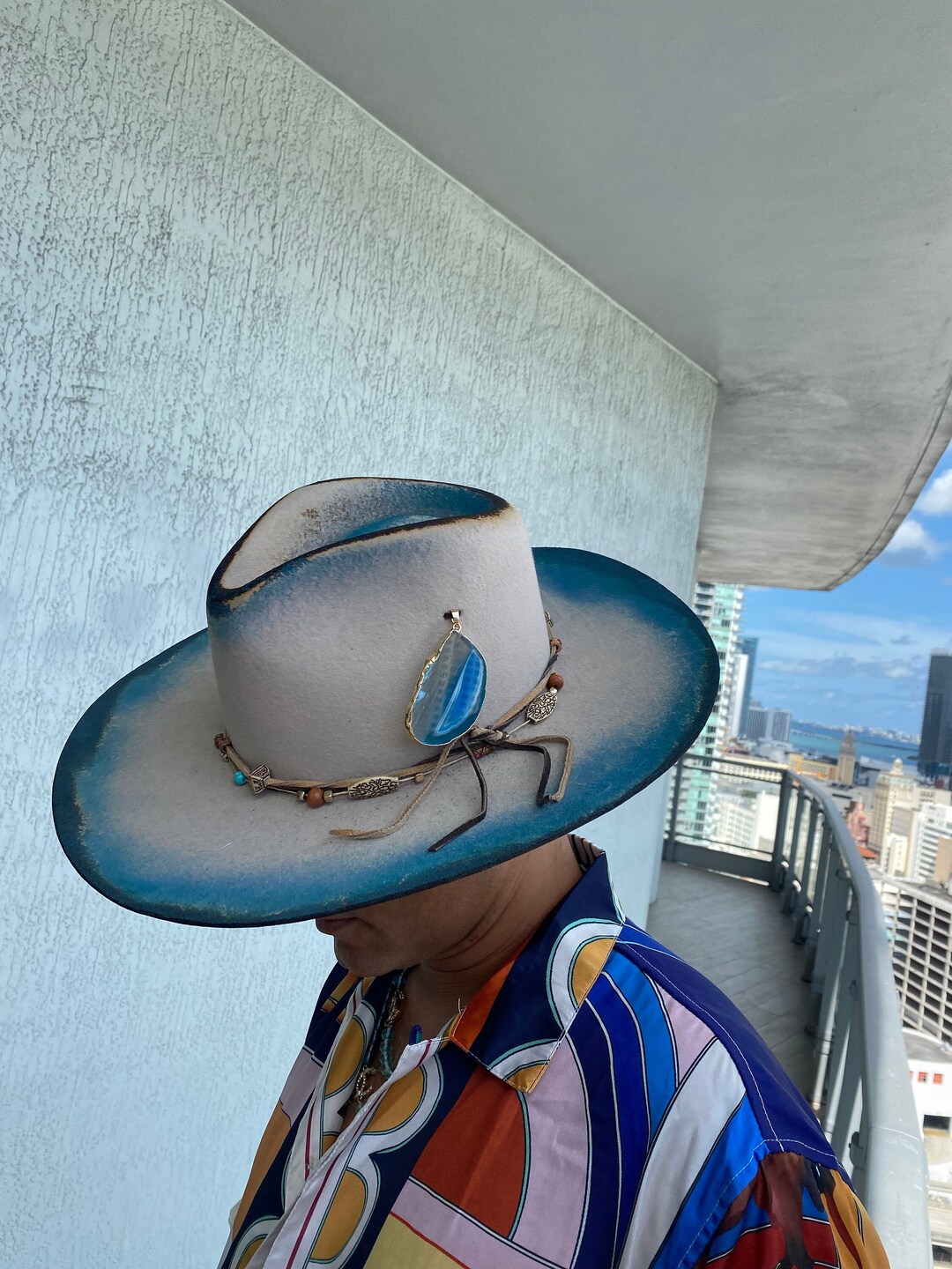 Blue Ocean Sea Spray Painted Blue Extra Large Mens Custom Wide Brim ...