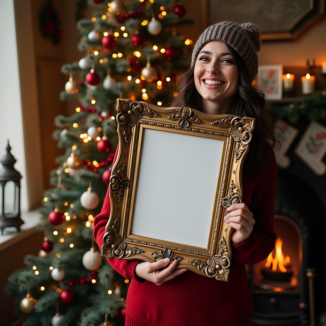 Christmas Vintage Frame Mockup With Person | Christmas Digital Frame ...