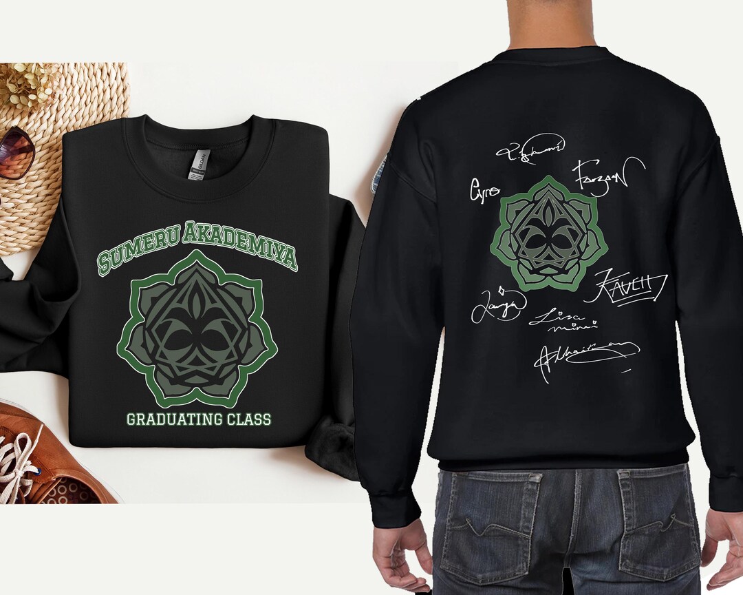 Sumeru Akademiya Grad Varsity College Crewneck, Character Signatures on ...